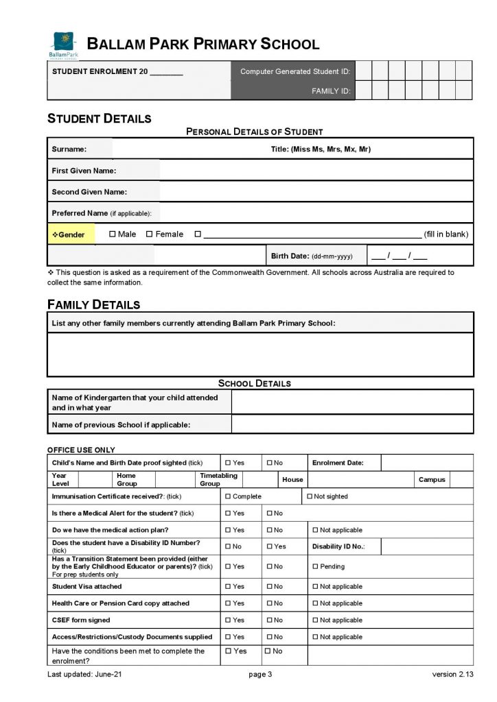Enrolment – Ballam Park Primary School
